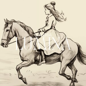 The Girl Riding A Horse Drawing Vintage Equestrian Sketch Minimalist ...