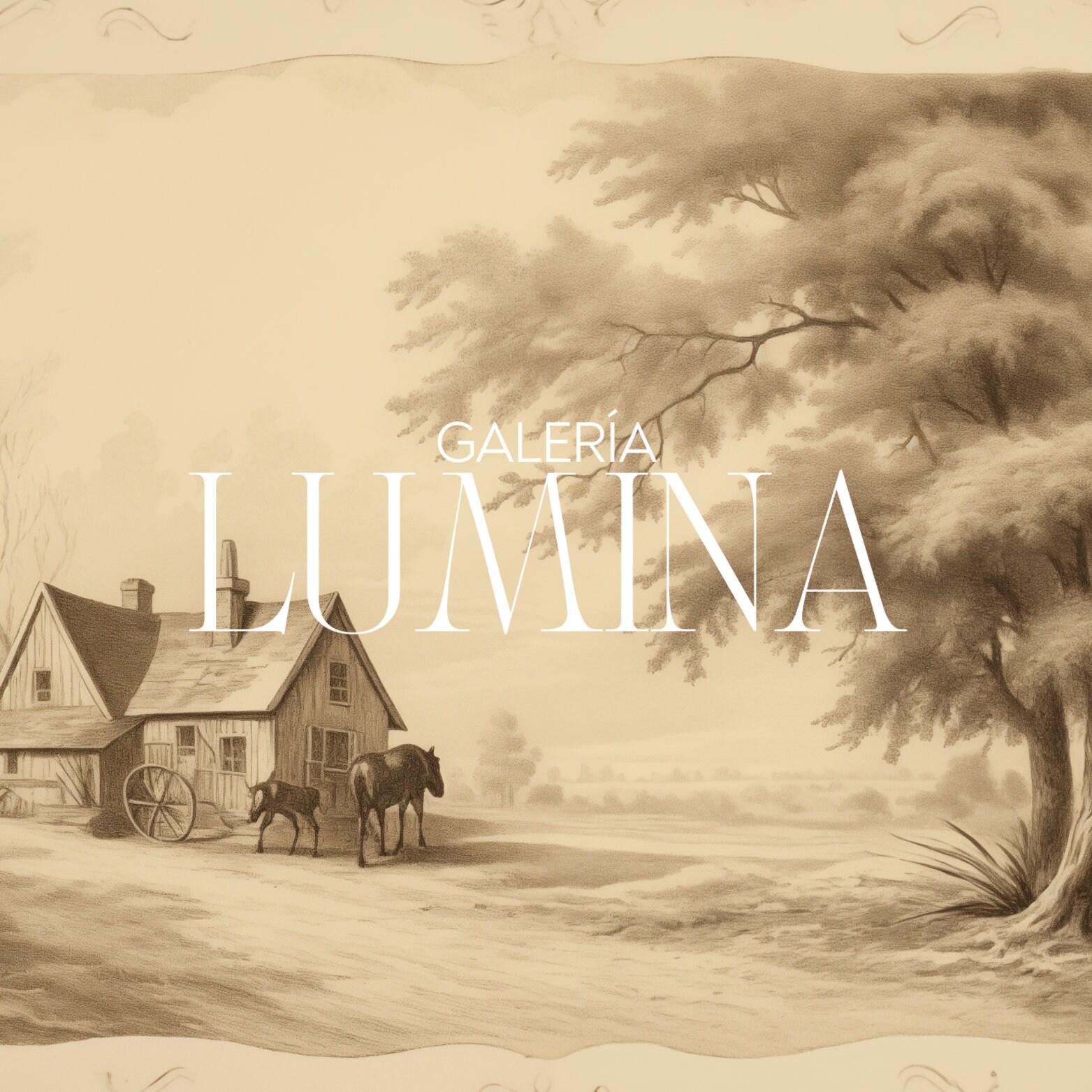 Old English House Drawing Beige Background Lace Pattern Minimalist ...