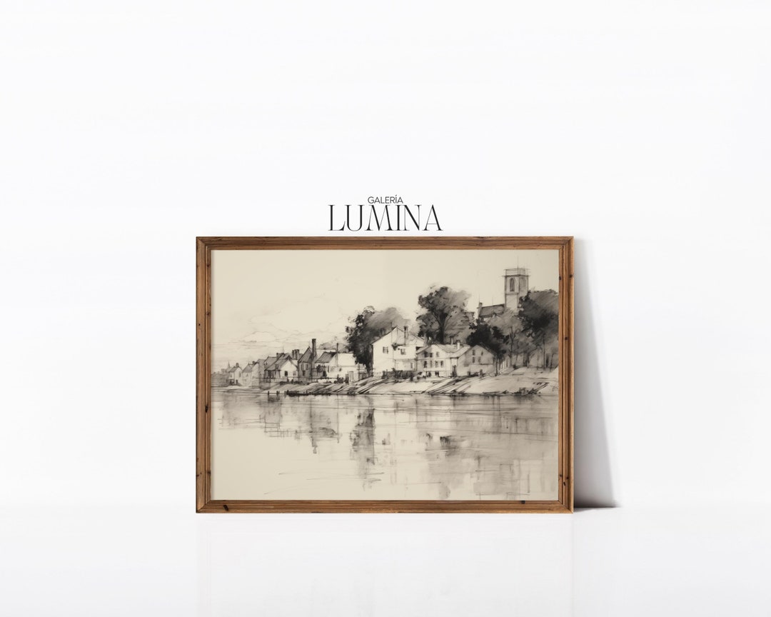Riverside Old Town Drawing Minimalist Landscape Sketch Antique Village ...