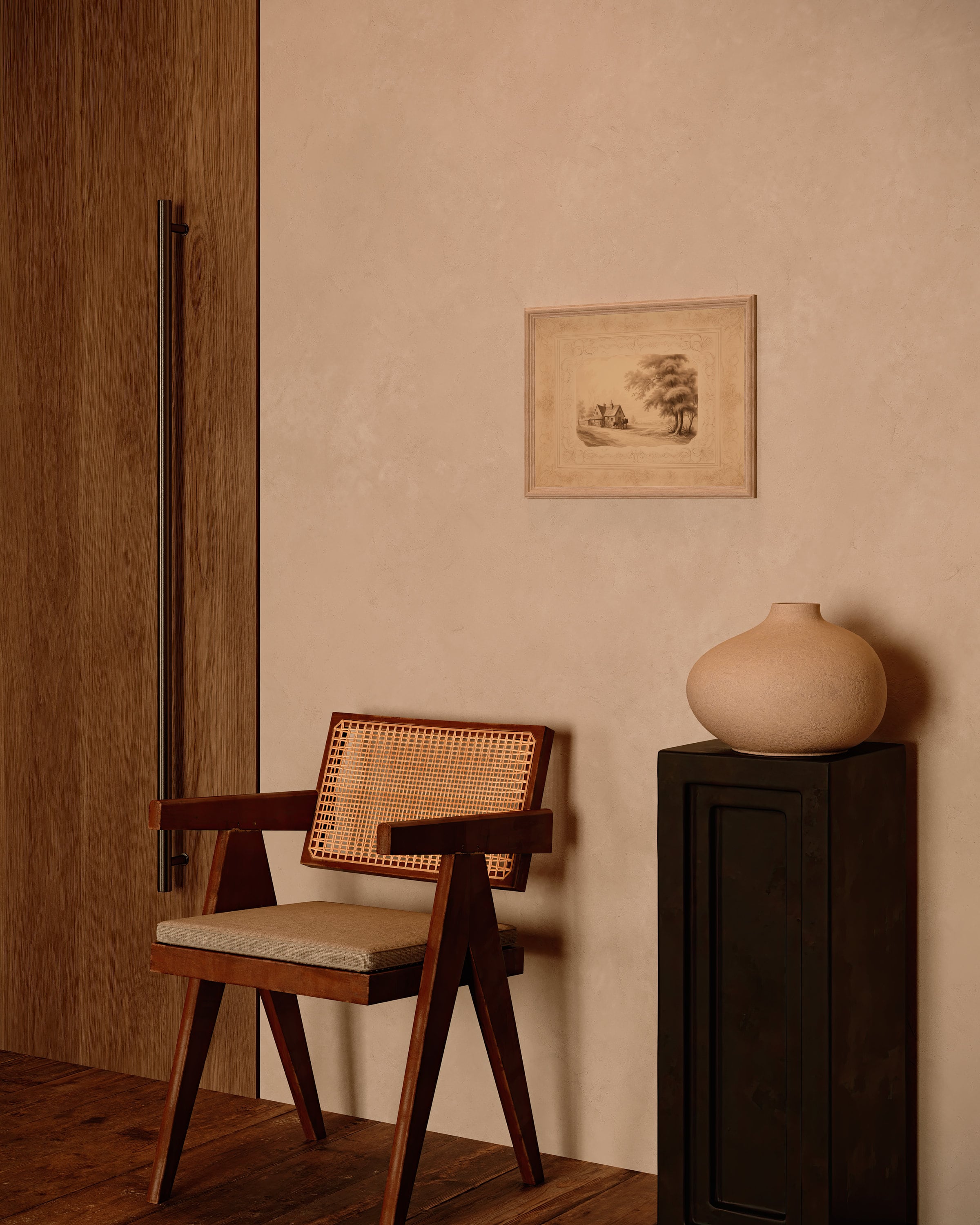 Old English House Drawing Beige Background Lace Pattern Minimalist ...