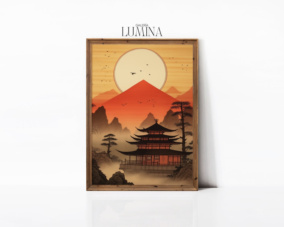 Traditional Japanese Drawing Japanese Temple Print Asian Japandi Wall ...