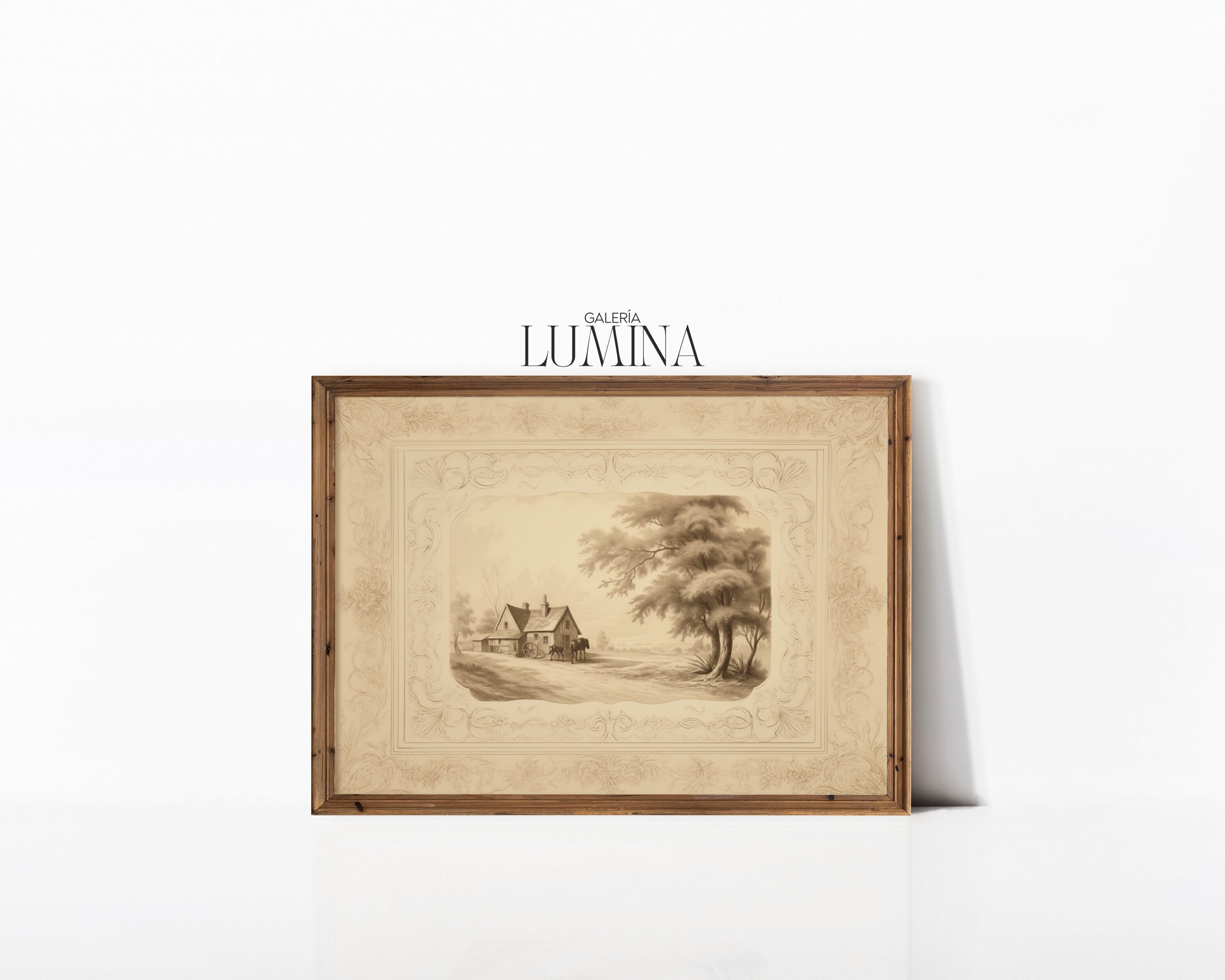 Old English House Drawing Beige Background Lace Pattern Minimalist ...