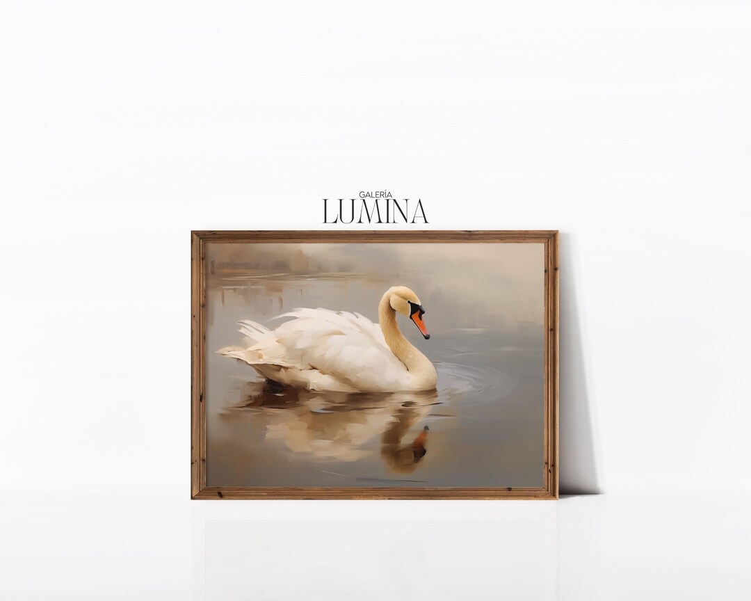 Neutral Swan in Water Oil Painting White Swan Artwork Vintage Swan ...