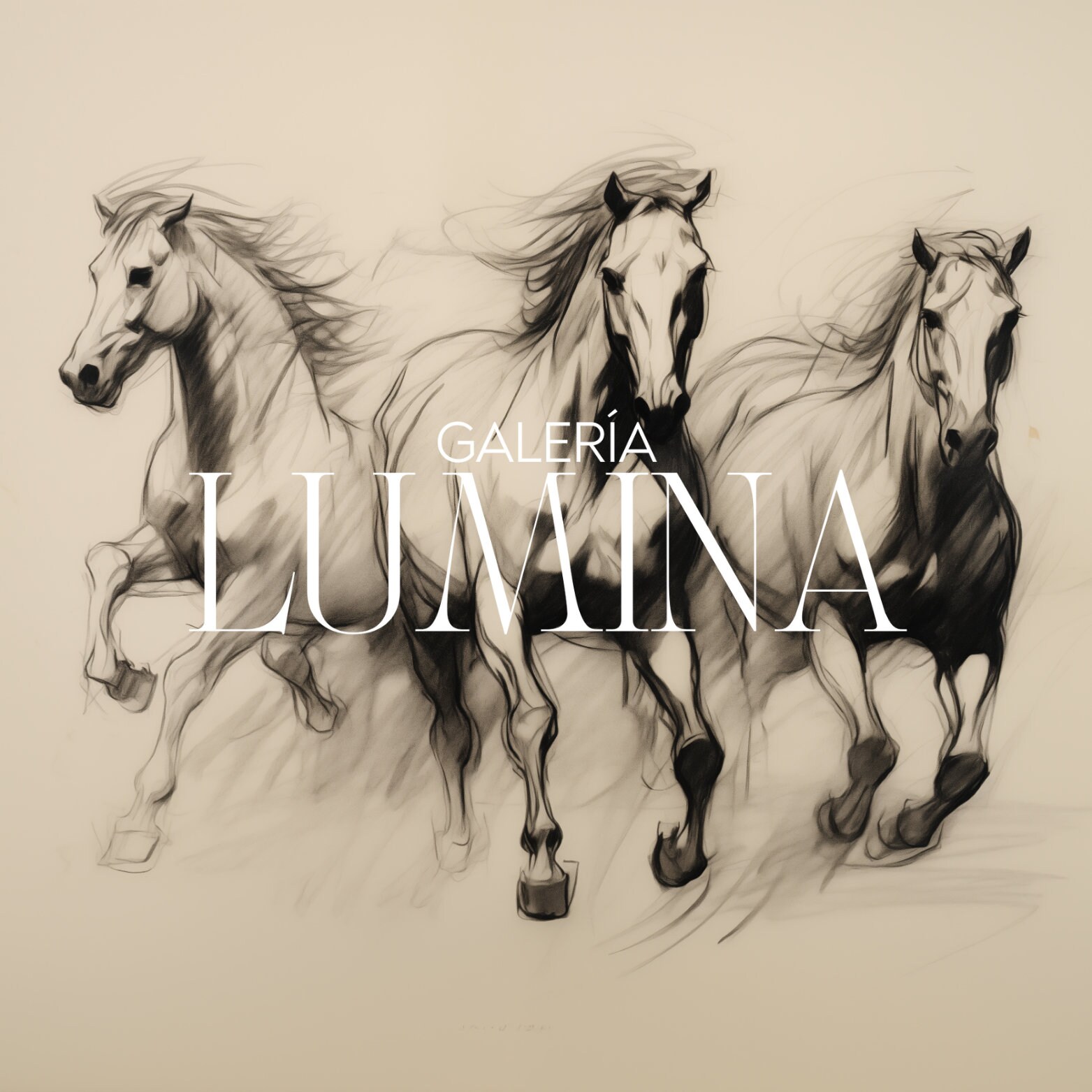Three Horses Running Pencil Sketch Minimalist Neutral Animal Drawing ...