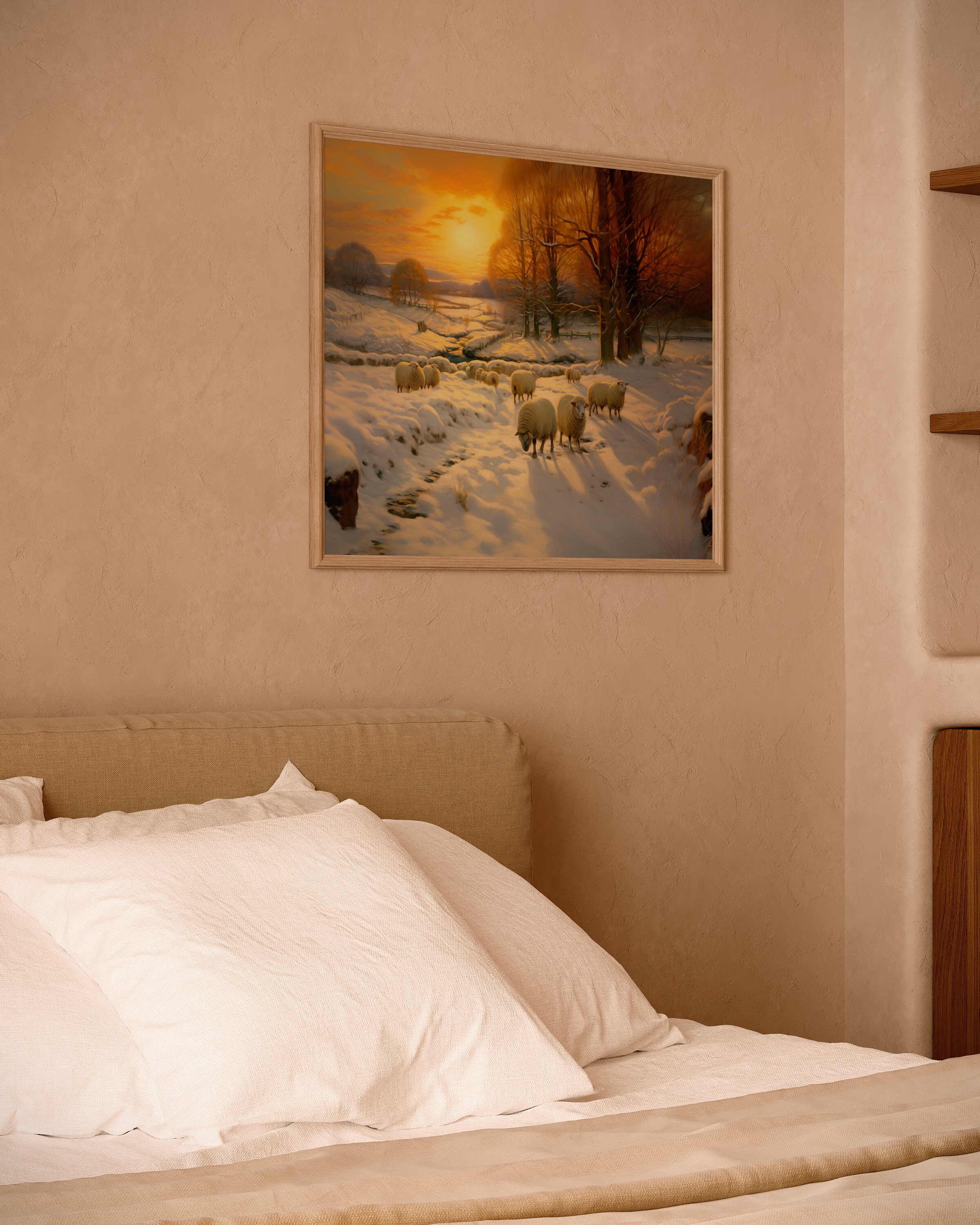 Flock of Sheep Snow Landscape Oil Painting (digital Printable Art ...