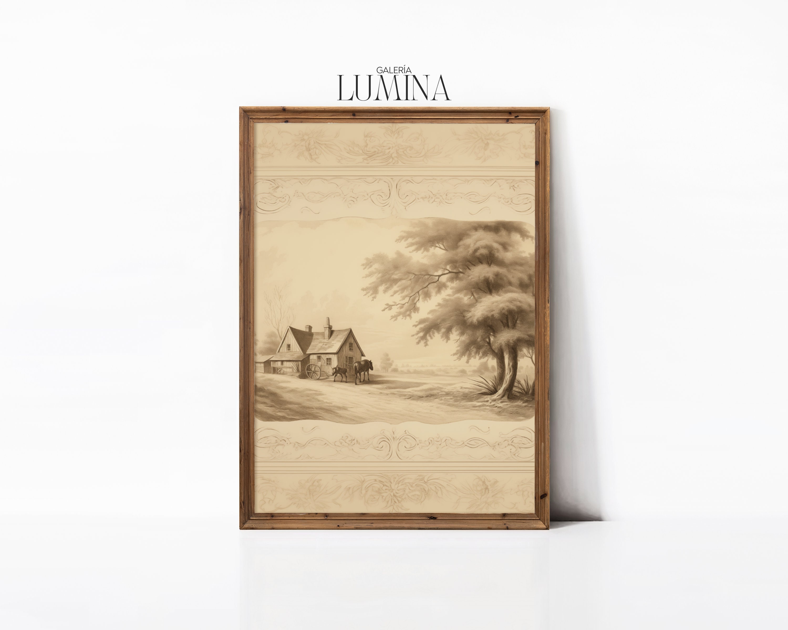 Old English House Drawing Beige Background Lace Pattern Minimalist ...