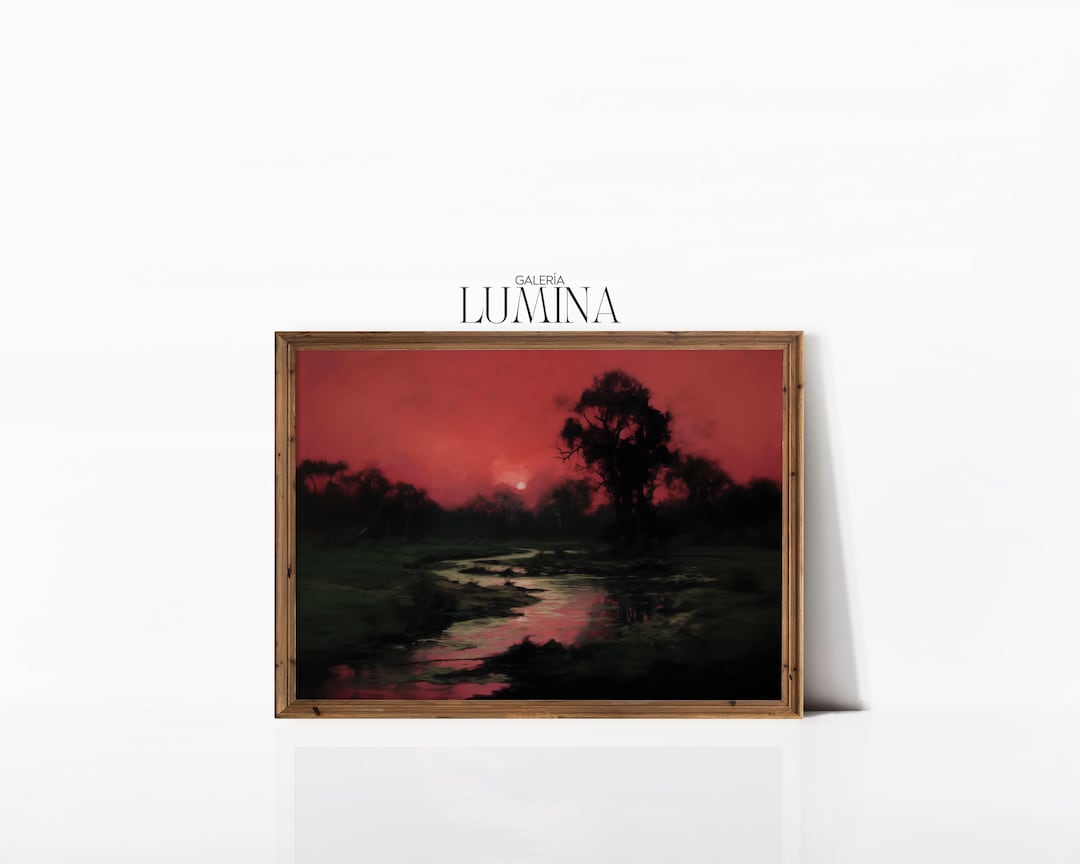 Dark Moody Red Sky Painting Surreal Landscape Print Eclectic Maximalist ...