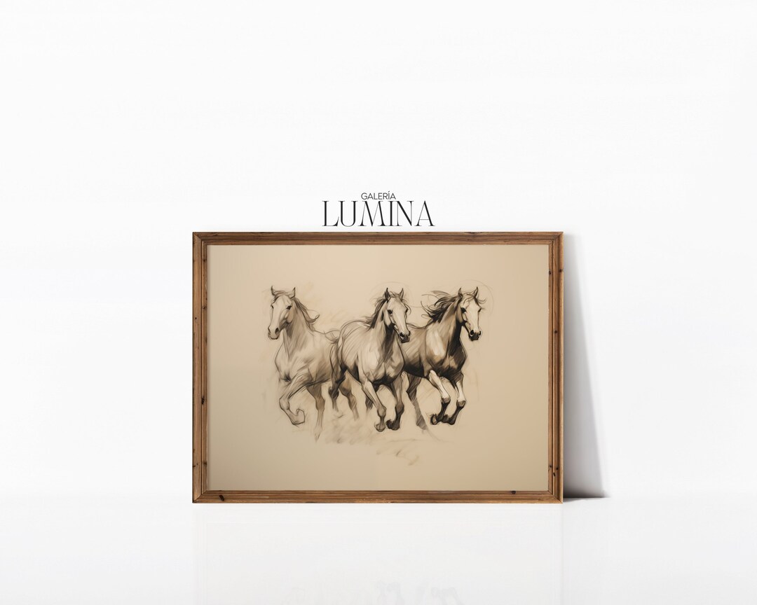 Three Horses Running Pencil Sketch Minimalist Neutral Animal Drawing ...