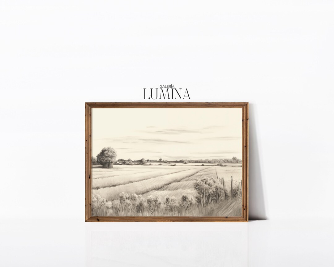 Farm Field Landscape Drawing Rustic Country Scene Artwork Rural ...