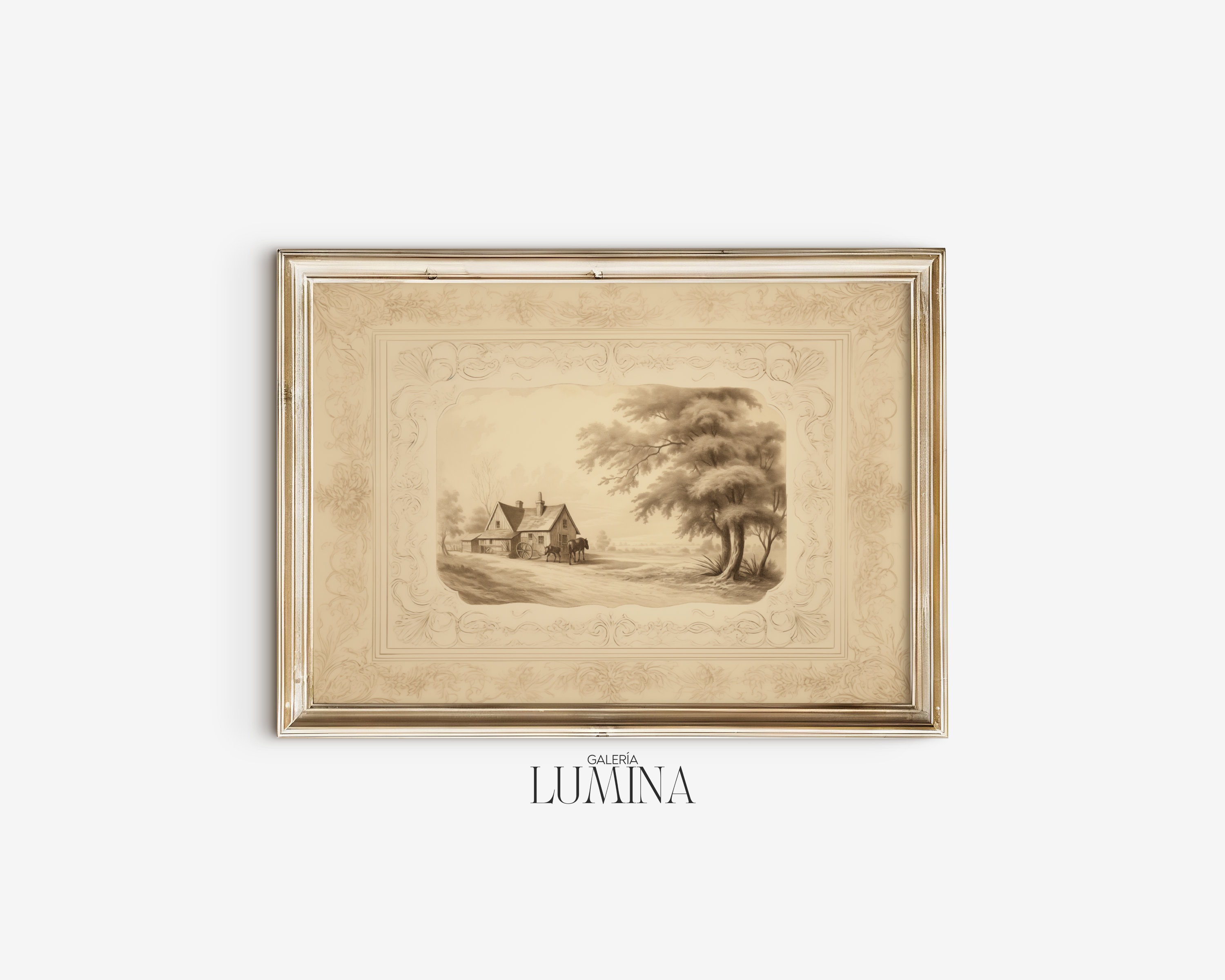 Old English House Drawing Beige Background Lace Pattern Minimalist ...