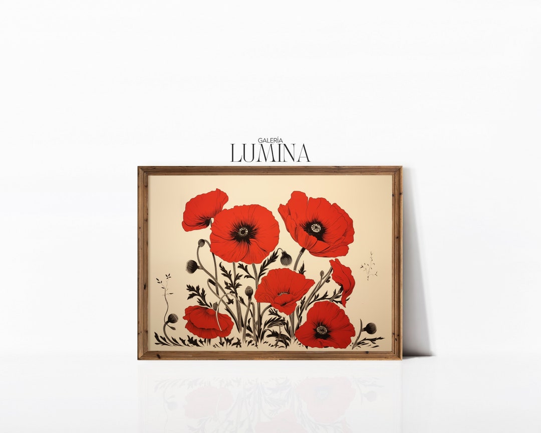 Vintage Red Poppies Art Print Red Poppy Wall Art Retro Botanical Poster ...
