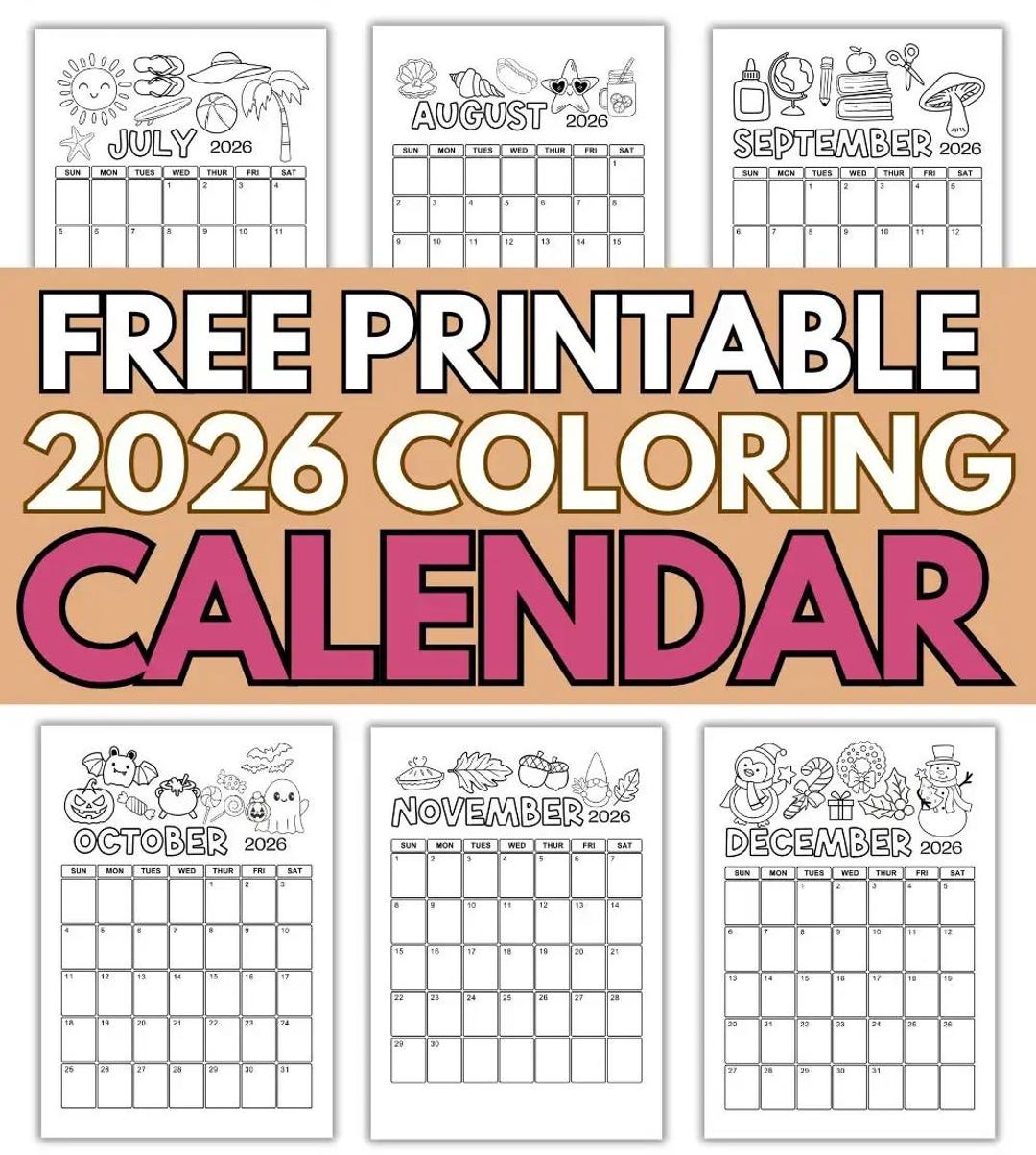 2026 Monthly Coloring Calendar Printable, Monthly Planner Pages, Adult ...