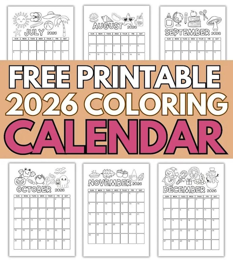 2026 Monthly Coloring Calendar Printable, Planner Pages (digital ...