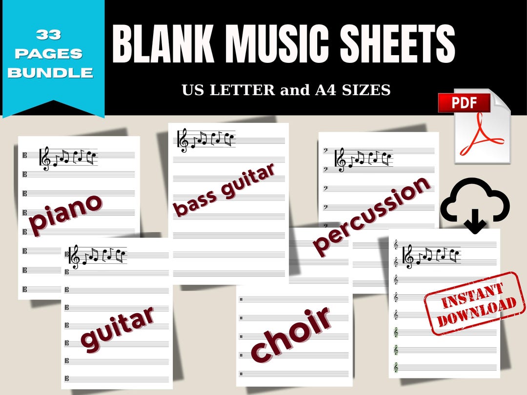 Printable Blank Music Sheet PDF – A4 & US Letter Staff Paper for Piano ...