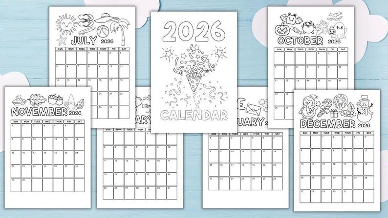2026 Monatlicher Kalender zum Ausdrucken, Malseiten für Erwachsene ...