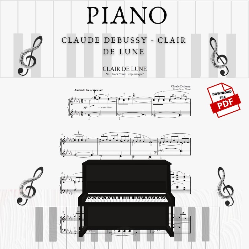 Claude Debussy Clair De Lune, Sheet Music PDF, Piano Music Download, Romantic Piano, Love ...