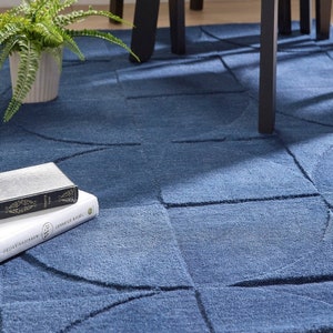 100% New Zealand Wool Art Deco Rug, Solid Blue Mid Century Rug Modern ...