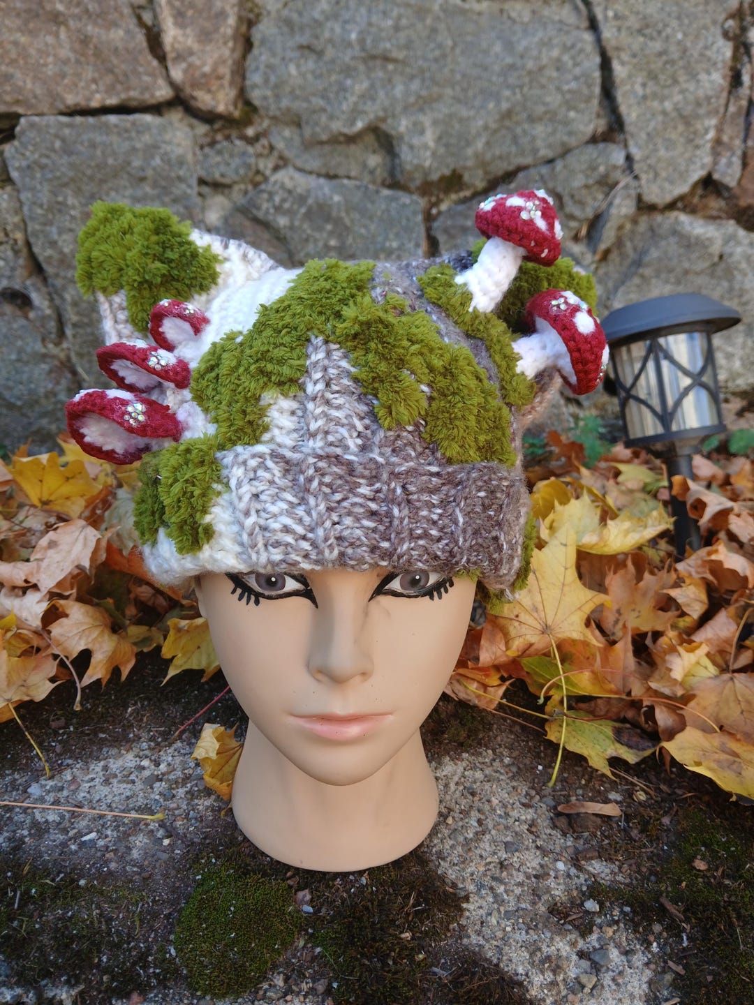 Crochet Cat Ear Beanie With Moss and Mushrooms, Cottagecore Cap, Fairy ...