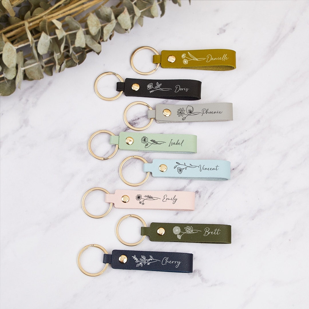 Personalized Birth Flower Keychain With Name Custom Leather - Etsy