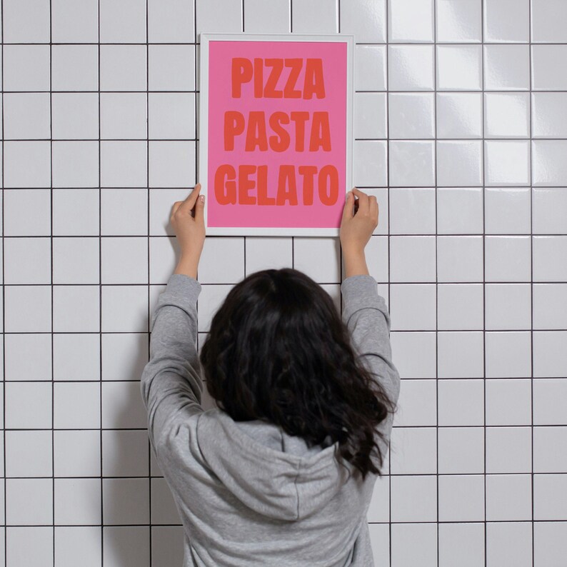 Pizza Pasta Gelato Print, Hot Pink Trendy Poster, Retro Kitchen Print ...