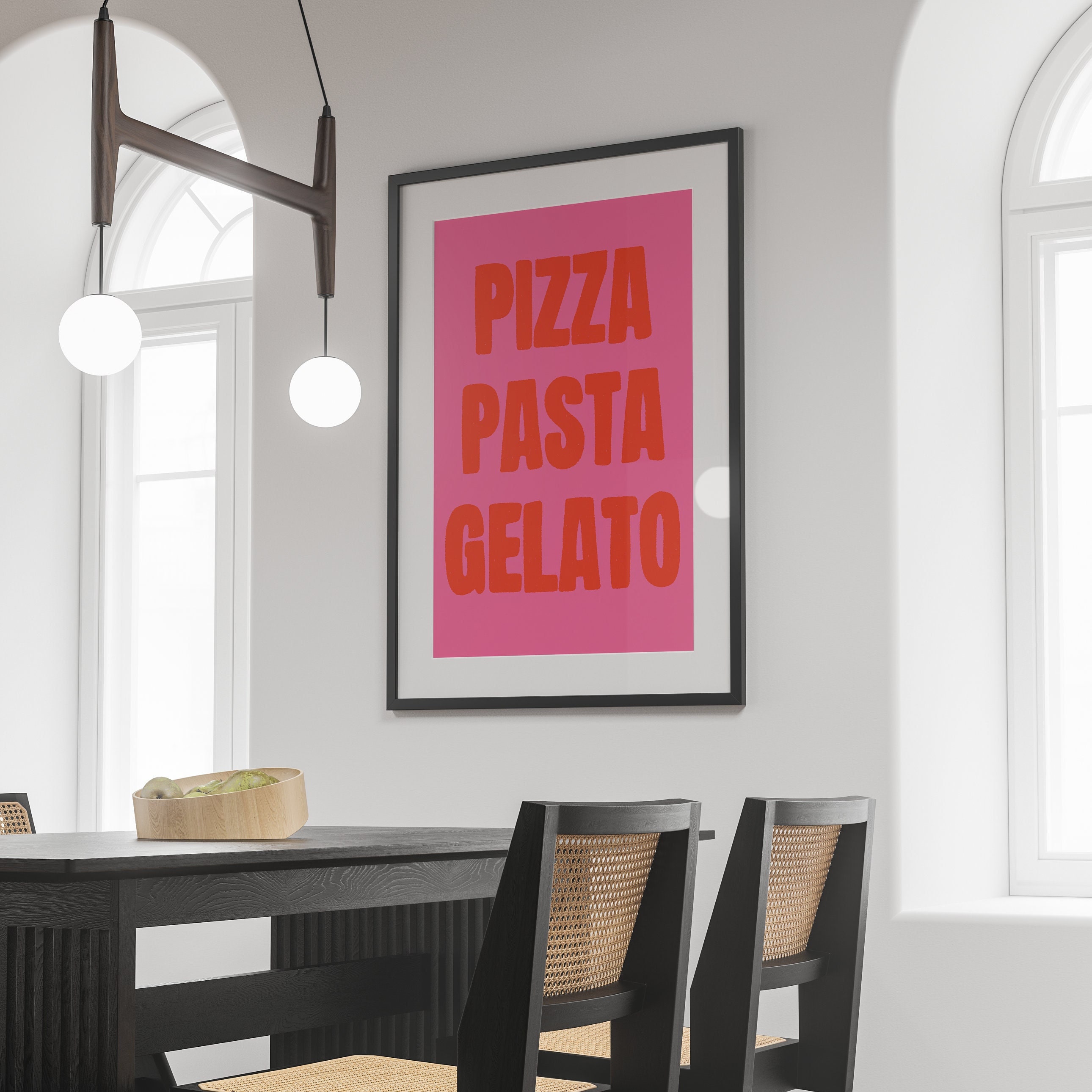 Pizza Pasta Gelato Print, Hot Pink Trendy Poster, Retro Kitchen Print ...