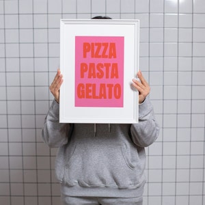Pizza Pasta Gelato Print, Hot Pink Trendy Poster, Retro Kitchen Print ...