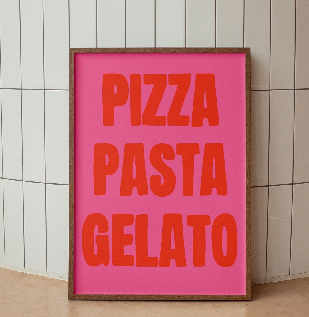 Pizza Pasta Gelato Print, Hot Pink Trendy Poster, Retro Kitchen Print ...
