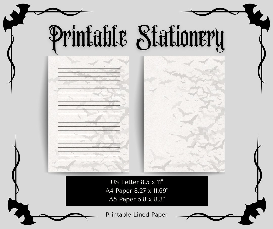 Printable Stationery Spooky Scary Goth Bats Lined and Unlined Digital ...