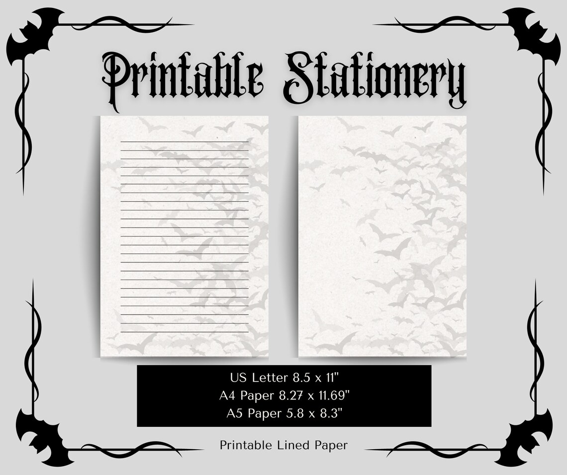 Printable Stationery Spooky Scary Goth Bats Lined and Unlined - Etsy