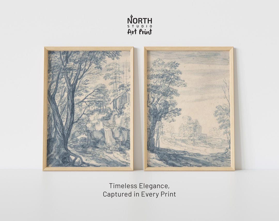 Blue Willow Wall Art Set of 2, Vintage Landscape Prints, Classic ...