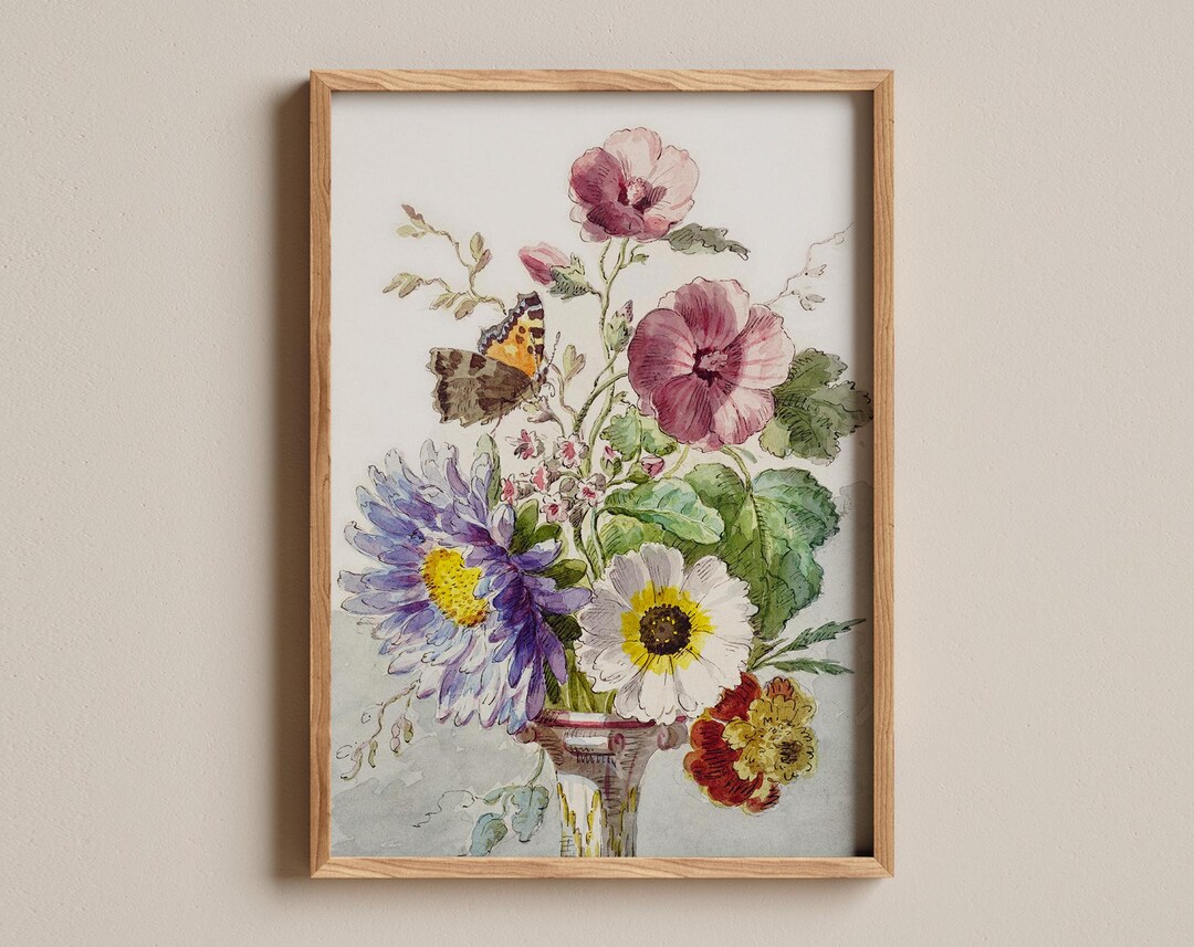Bouquet of Flowers With a Butterfly Print, William Van Leen Floral ...
