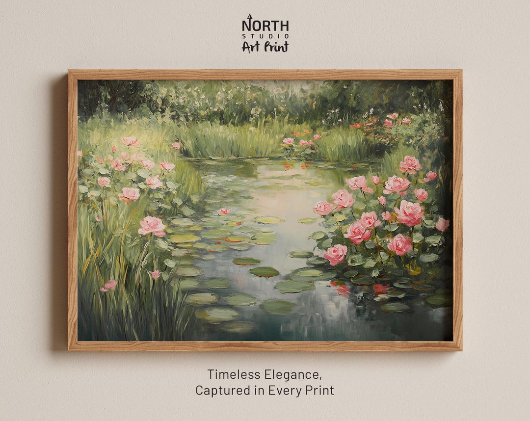 Vintage Garden Pond Print, Botanical Landscape, Impressionist Nature ...
