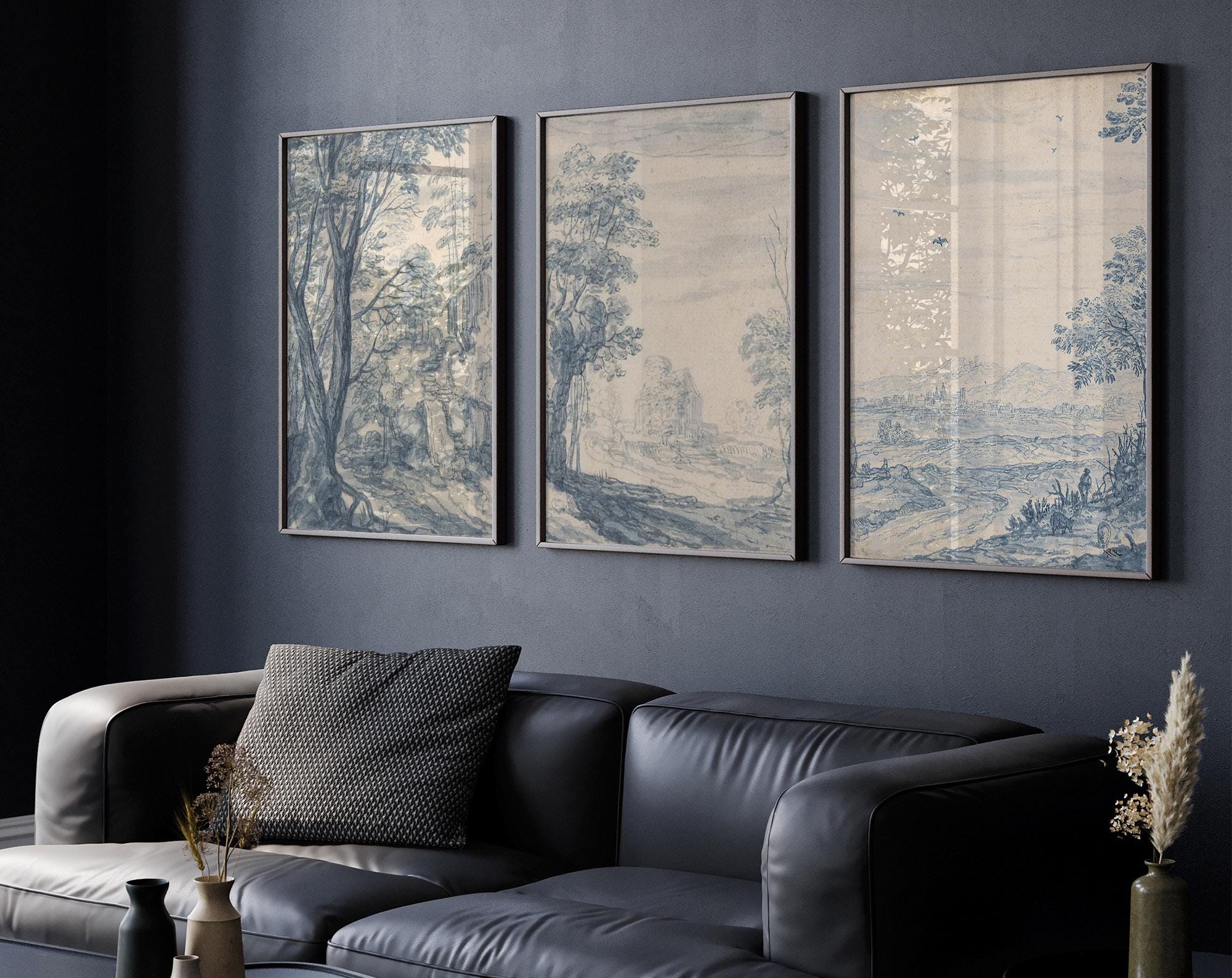 Blue Willow Wall Art Set of 3 Vintage Landscape Prints, Classic ...