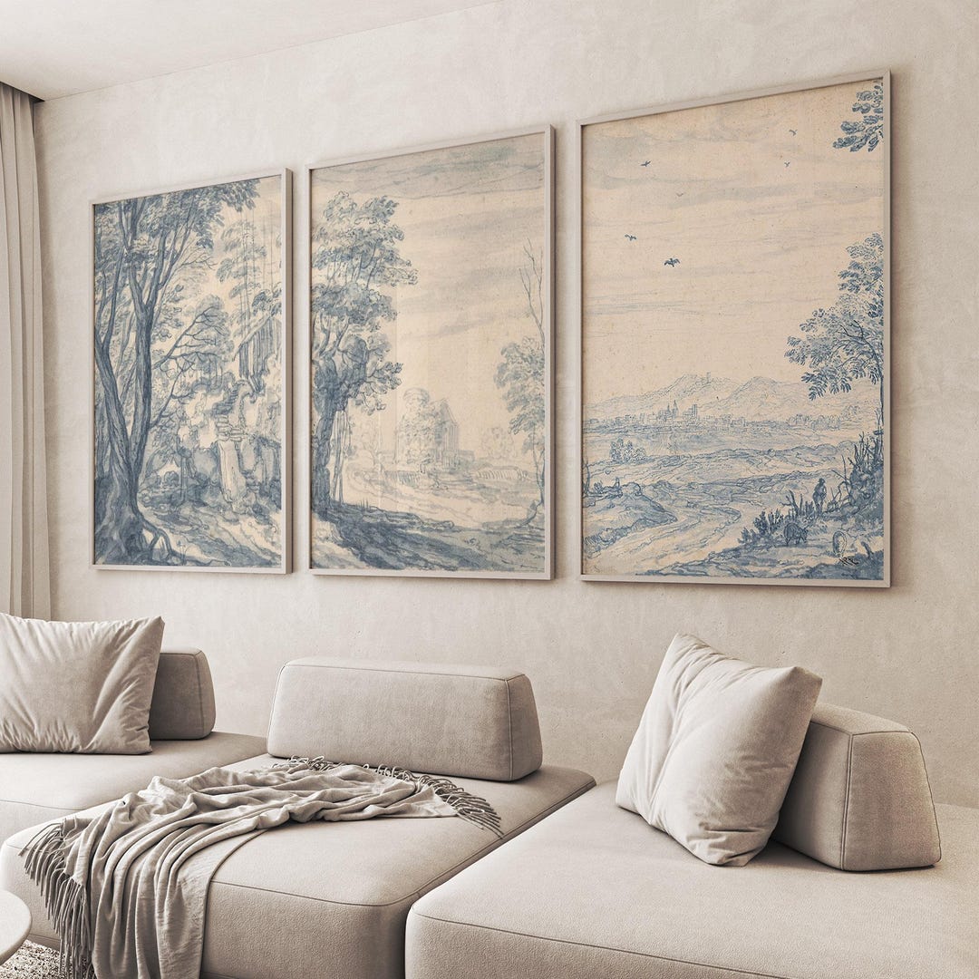 Blue Willow Wall Art Set of 3 Vintage Landscape Prints, Classic ...