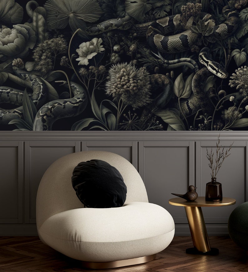 Dark Botanical Snake Wallpaper , Intricate Serpent and Floral Dark ...
