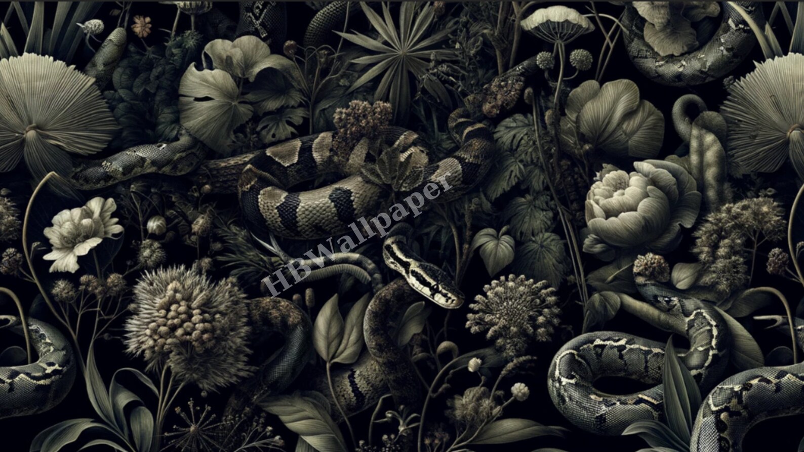 Dark Botanical Snake Wallpaper , Intricate Serpent and Floral Dark ...