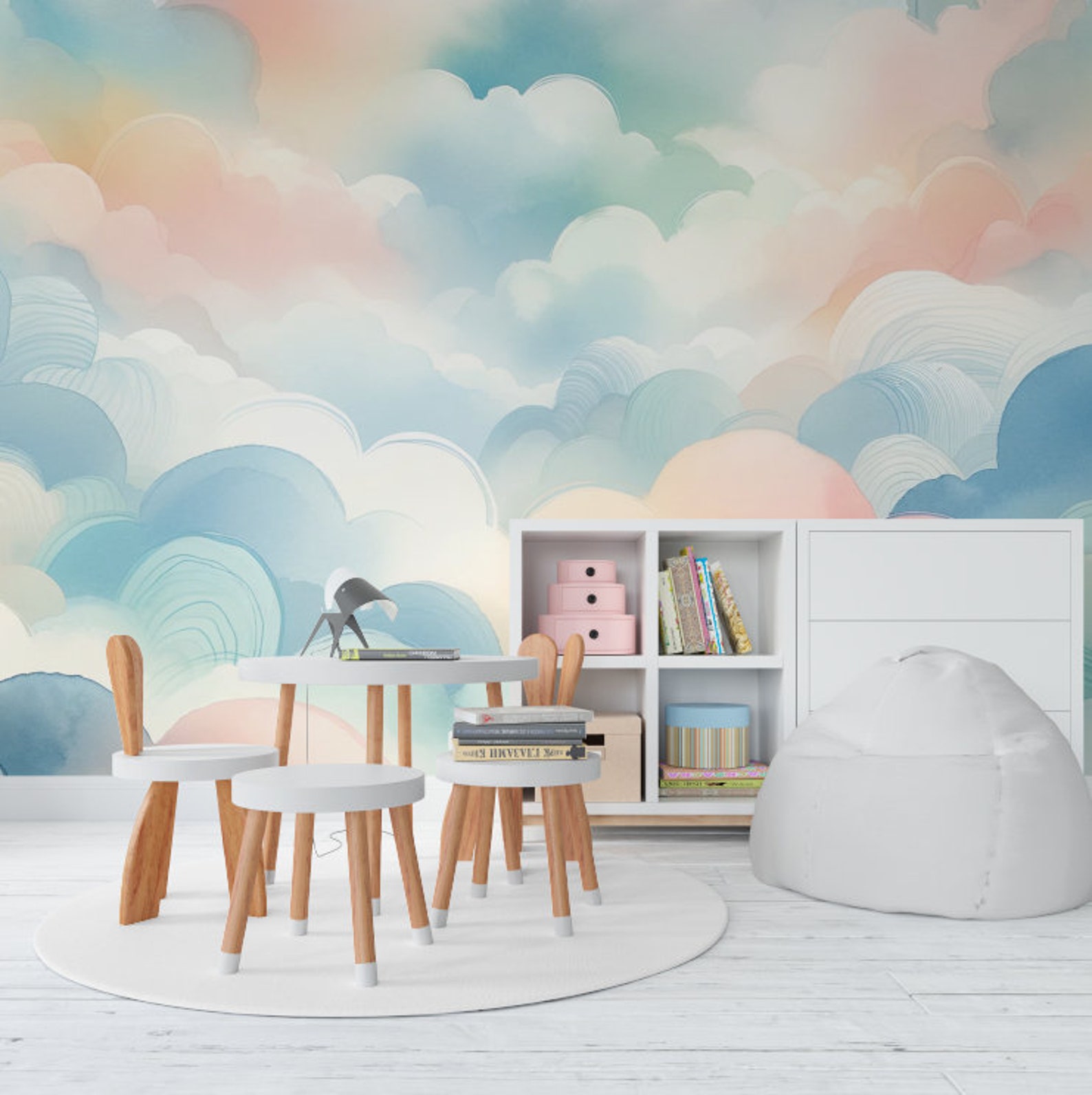 Cloudscape Watercolor Wallpaper,nursery Cloud Mural,peaceful Cloud ...