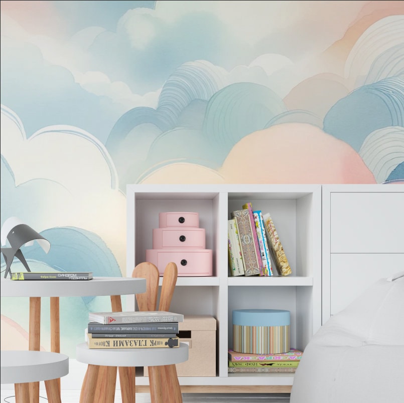 Cloudscape Watercolor Wallpaper,nursery Cloud Mural,peaceful Cloud ...