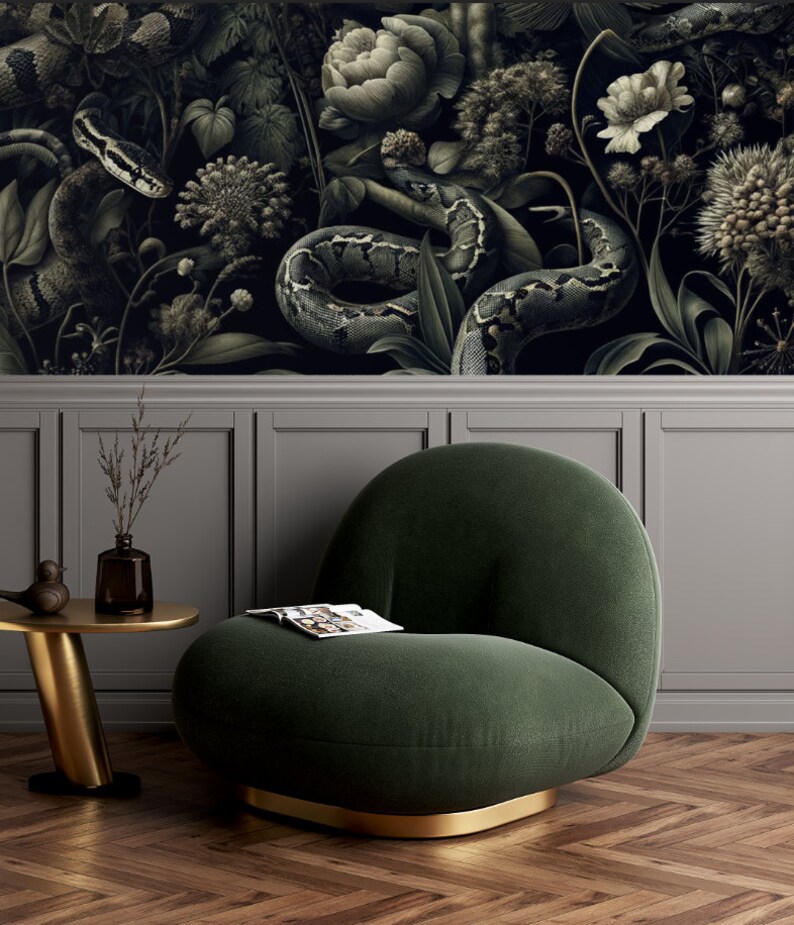 Dark Botanical Snake Wallpaper , Intricate Serpent and Floral Dark ...