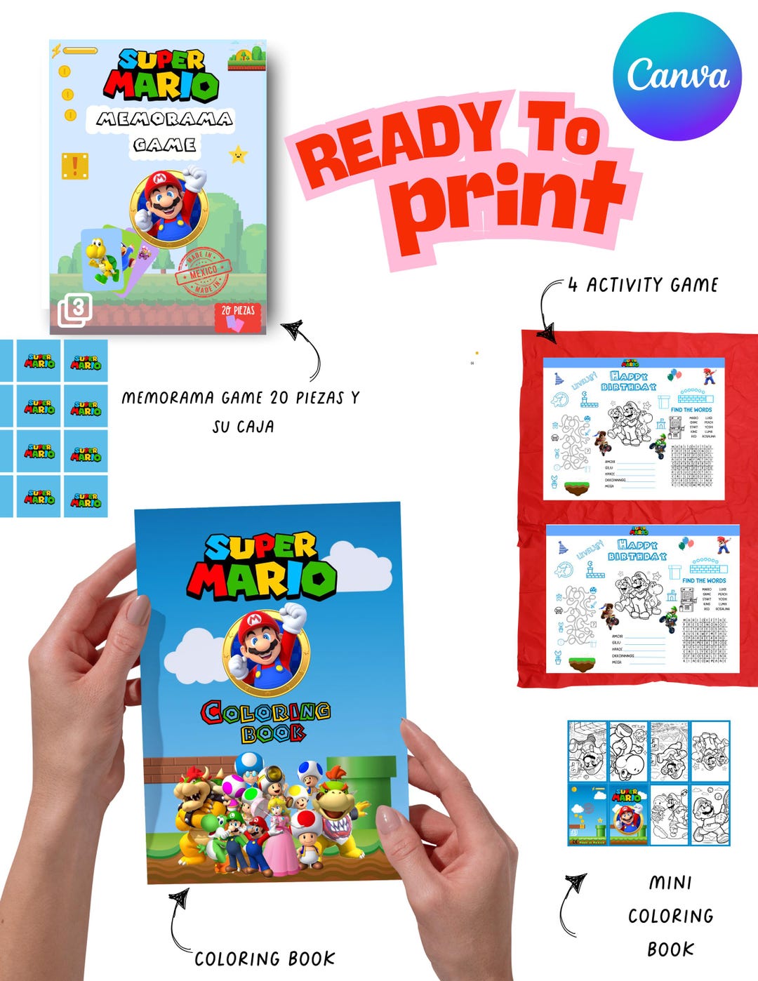 Games and Activities Kit, Mario Bros. Coloring Book and Mini, Memorama ...