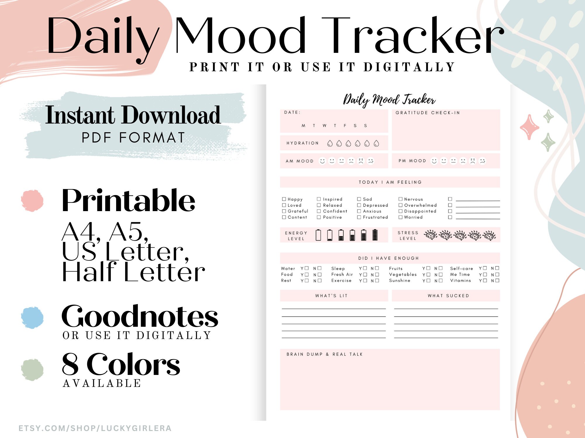Daily Mood Tracker | Printable Mood Tracker | Mental Health Tracker ...