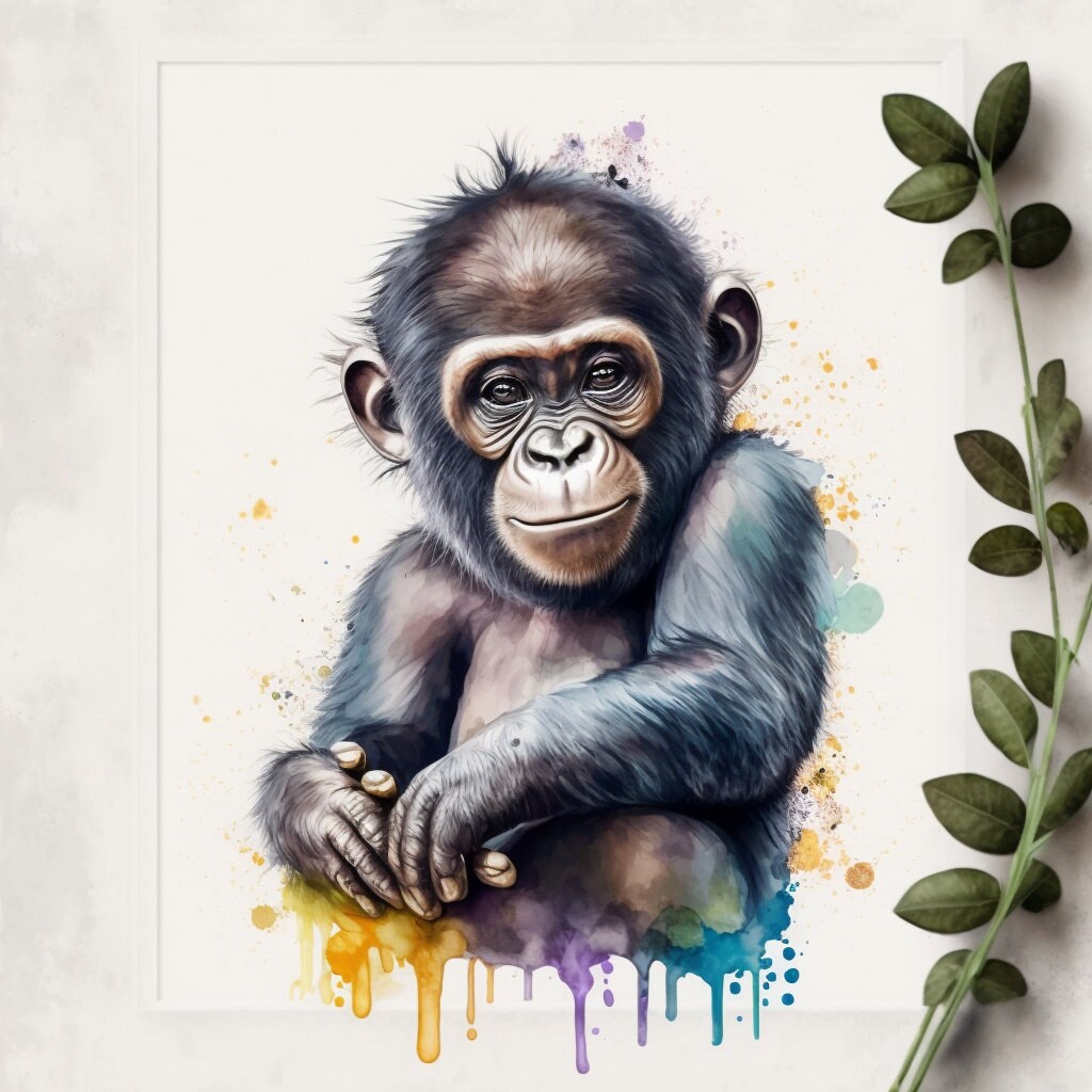 Monkey Watercolor Clipart Nursery Decor Baby Gorilla Watercolor Cute ...