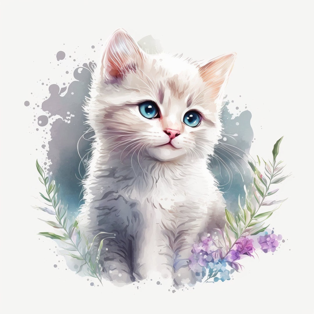 Cat Watercolor Clipart Nursery Decor Baby White Cat Watercolor Cute ...