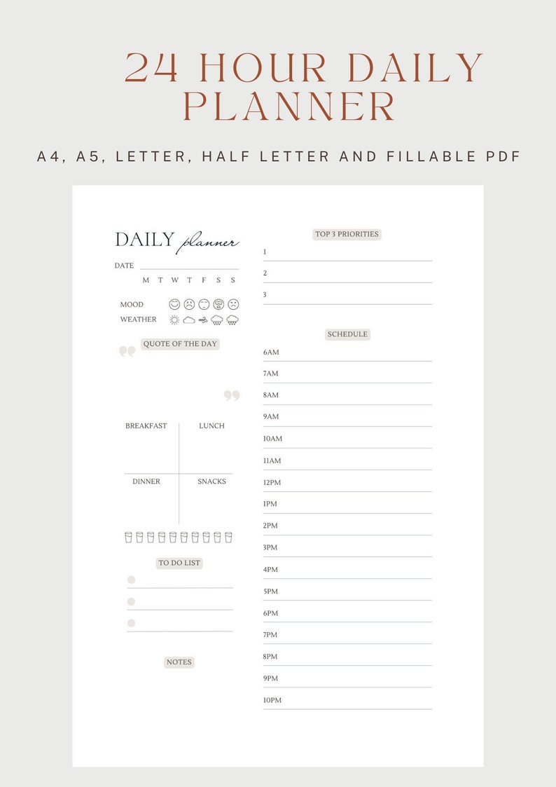 24 Hour Daily Planner Printable Download for Organisation, Productivity ...