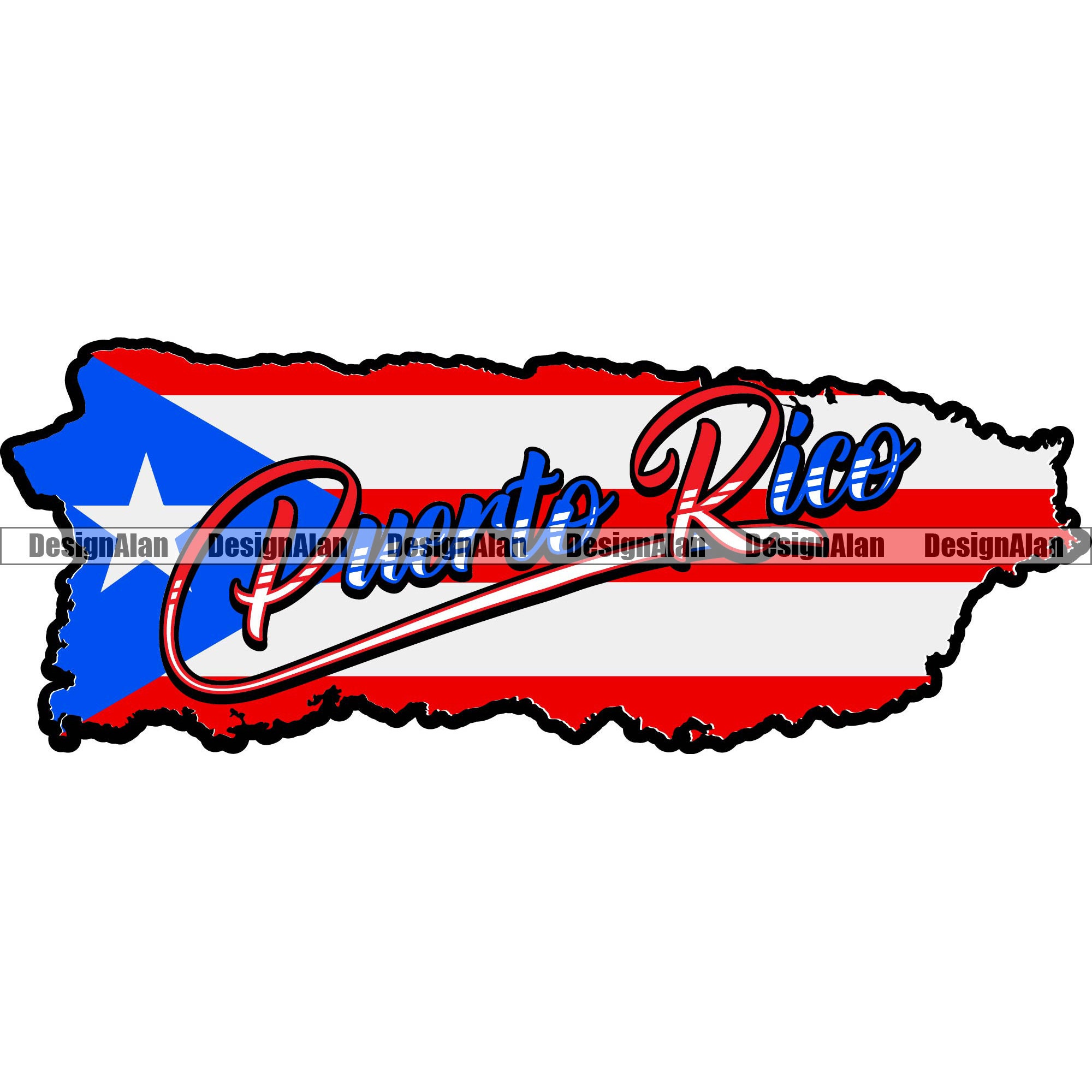 Puerto Rico Rican Flag Country Shape Cursive Swoosh Text Proud Spanish ...