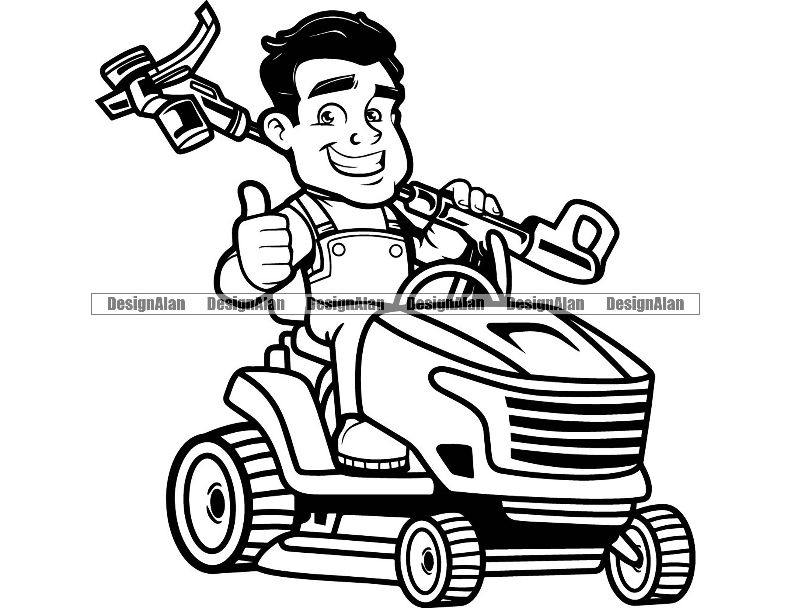 Landscaping Thumbs up Happy Man Lawnmower Cartoon Character Landscape ...