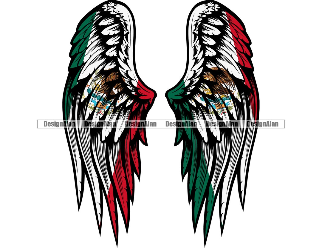 Mexico Mexican Angel Wings Flag Feather Freedom Spanish Latino Hispanic Country Nation Tattoo ...