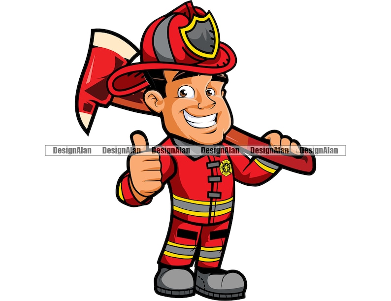 Fireman Thumbs up Happy Cartoon Character Mascot Firefighter Axe ...