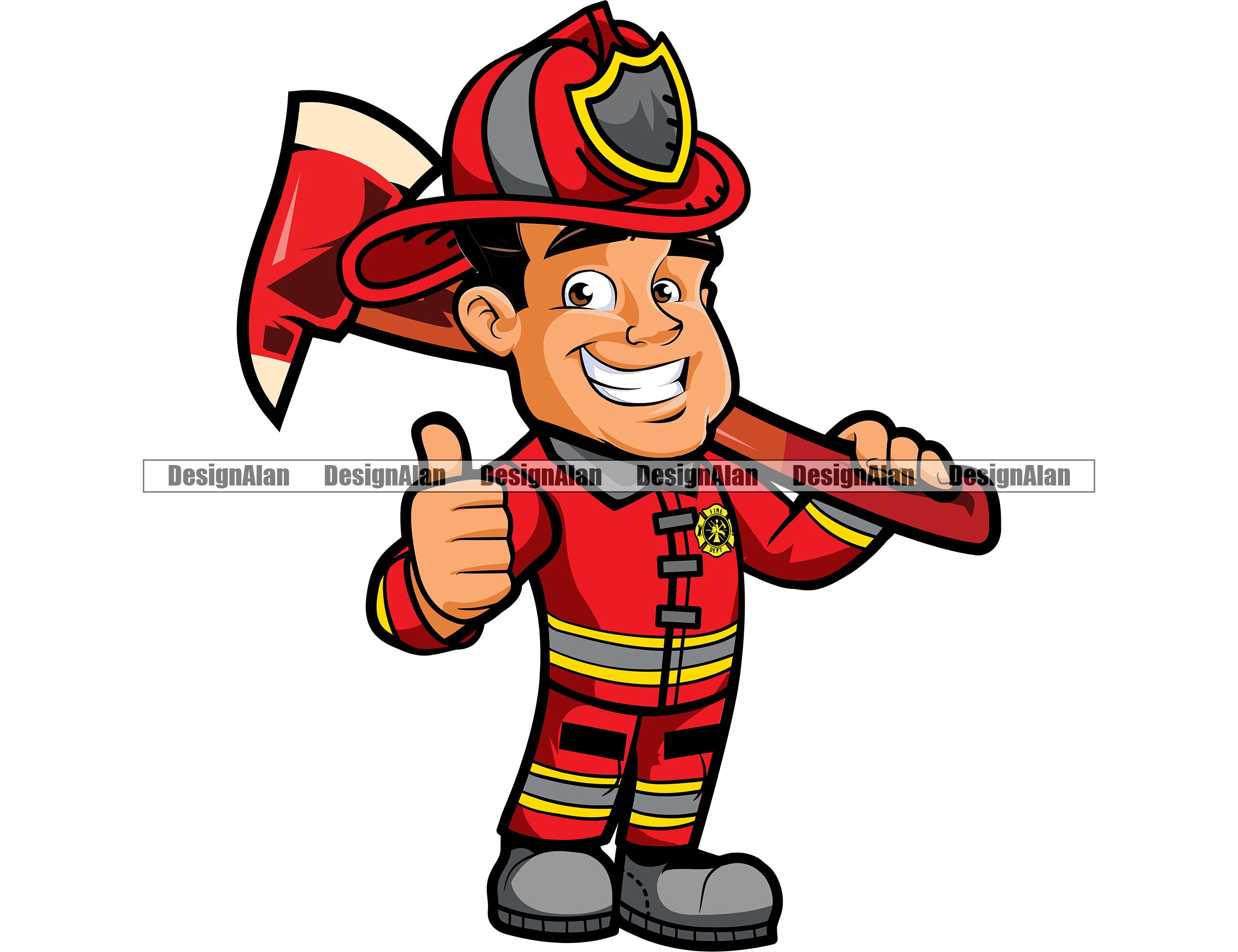 Fireman Thumbs up Happy Cartoon Character Mascot Firefighter Axe ...