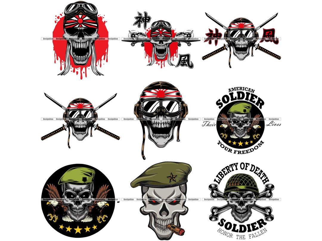 9 Military Skull SVG PNG T-shirt Design Bundle - Army Veteran Patriotic ...